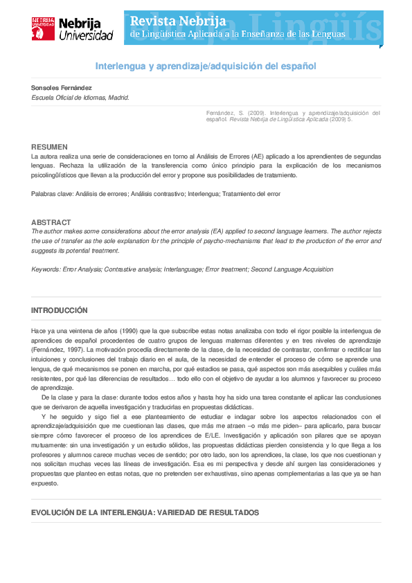 (PDF) Interlengua y aprendizaje/adquisición del español