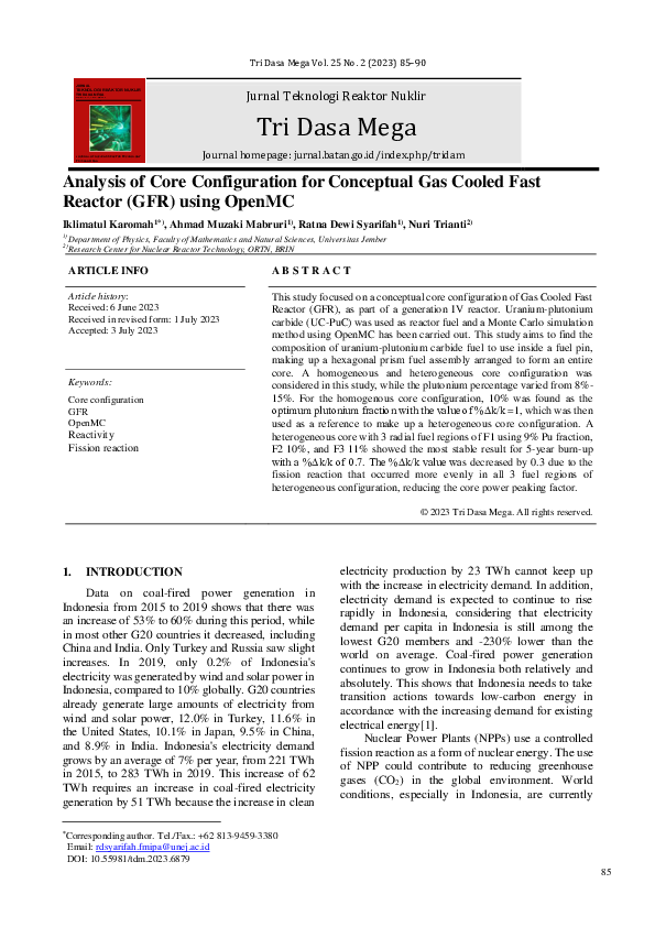 (PDF) Analysis of Core Configuration for Conceptual Gas Cooled Fast Reactor (GFR) Using Openmc