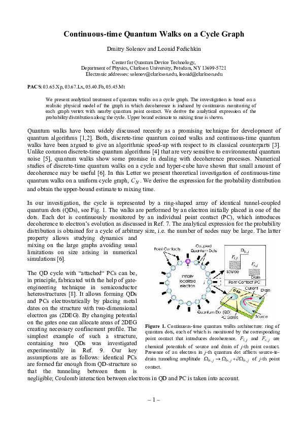 (PDF) Continuous-time quantum walks on a cycle graph (5 pages) | Leonid Fedichkin - Academia.edu