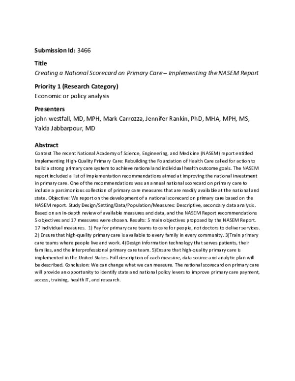 (PDF) Creating a National Scorecard on Primary Care – Implementing the ...