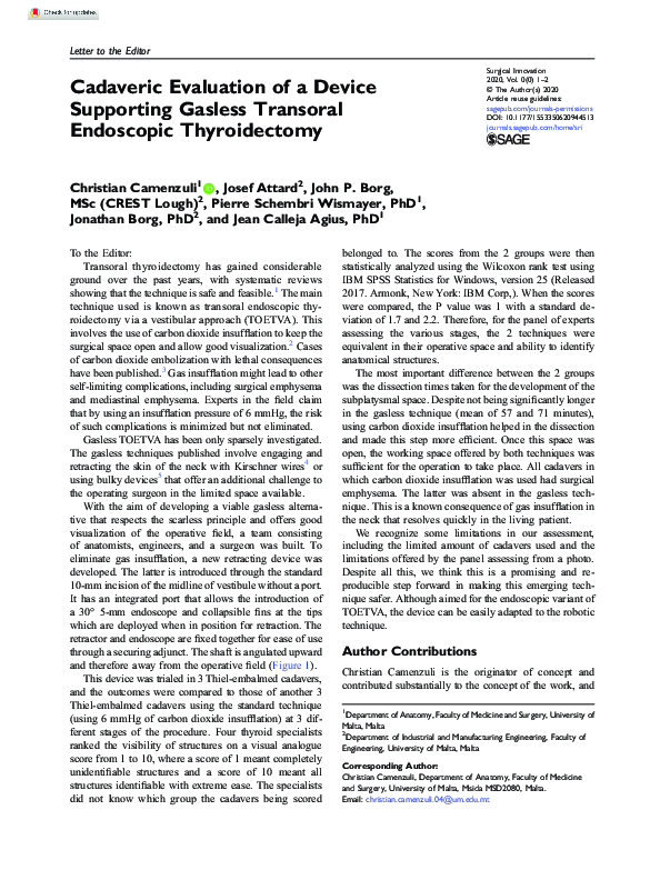 (PDF) Cadaveric Evaluation of a Device Supporting Gasless Transoral ...