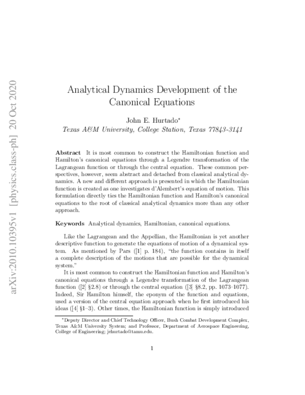 (PDF) Analytical Dynamics Development of the Canonical Equations