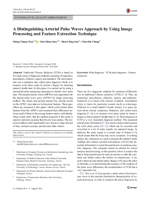 (PDF) A Distinguishing Arterial Pulse Waves Approach by Using Image Processing and Feature ...