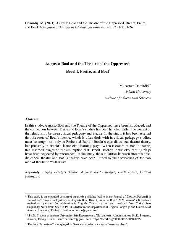(PDF) Augusto Boal and the Theatre of the Oppressed: Brecht, Freire ...