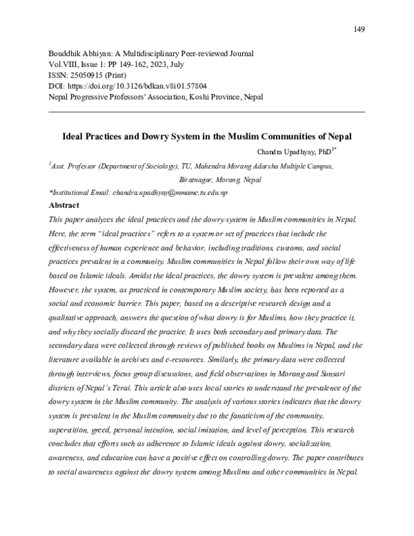 (PDF) Ideal Practices and Dowry System in the Muslim Communities of Nepal