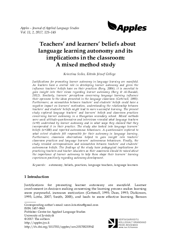 (PDF) Teachers’ and learners’ beliefs about language learning autonomy and its implications in ...