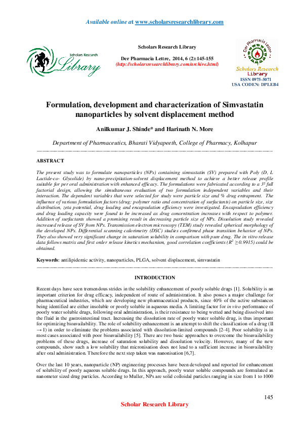 (PDF) Formulation, development and characterization of Simvastatinnanoparticles by solvent ...
