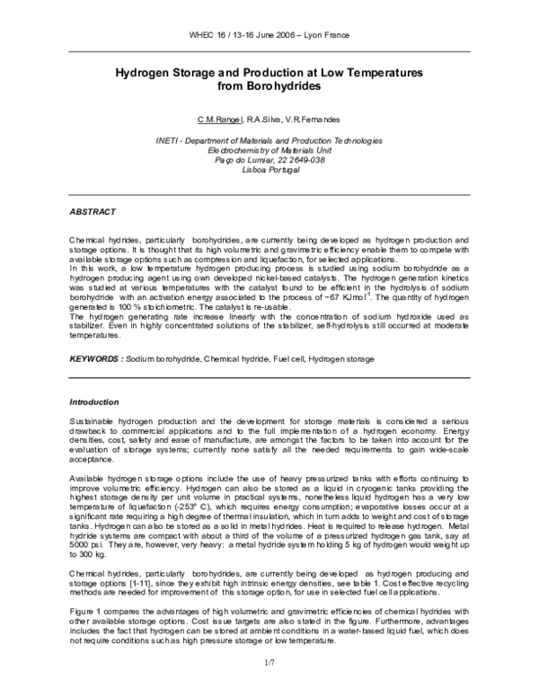 (PDF) Hydrogen storage and production at low temperatures from borohydride