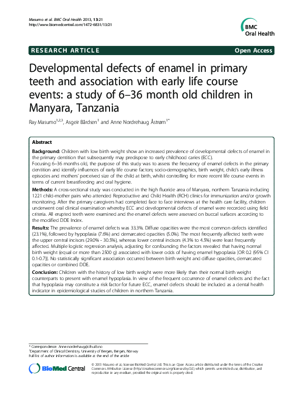 (PDF) Developmental defects of enamel in primary teeth and association ...