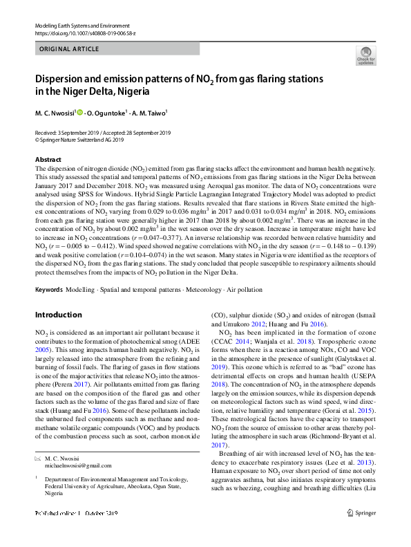 (PDF) Dispersion and emission patterns of NO2 from gas flaring stations ...