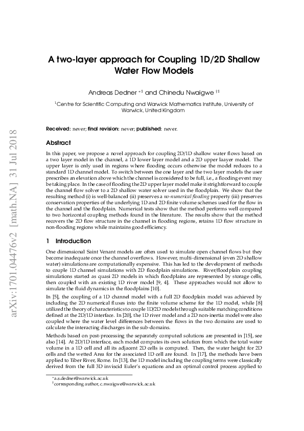 (PDF) A two-layer approach for Coupling 1D/2D Shallow Water Flow Models | CHINEDU NWAIGWE ...