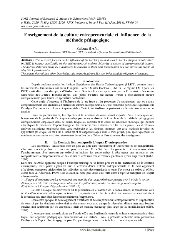 (PDF) Enseignement de la culture entrepreneuriale et influence de la méthode pédagogique