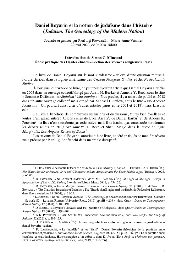 (PDF) Introduction à la Journee Daniel Boyarin 2023