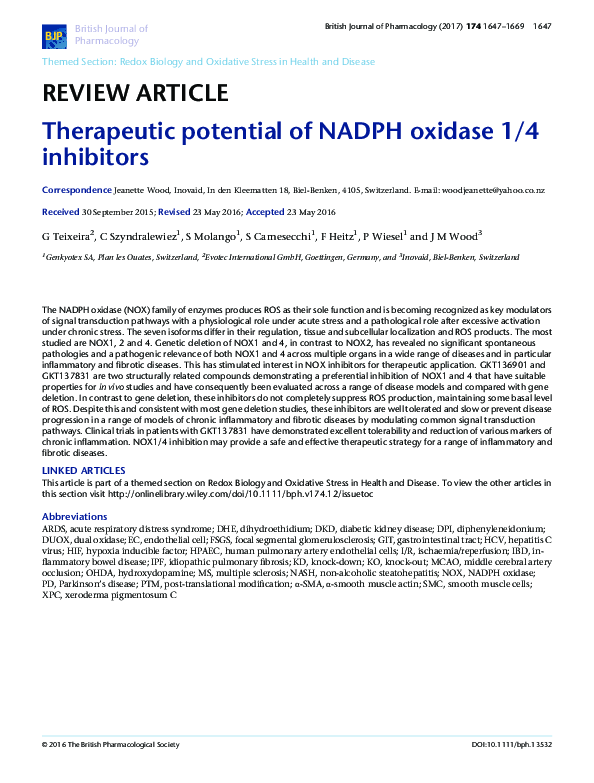 (PDF) Therapeutic potential of NADPH oxidase 1/4 inhibitors