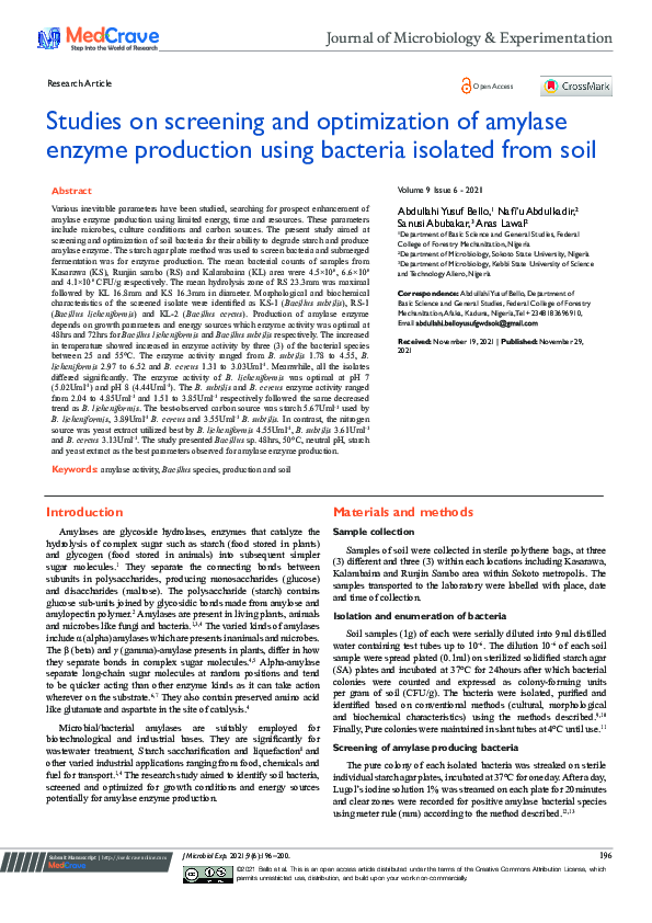 (PDF) Studies on screening and optimization of amylase enzyme production using bacteria isolated ...