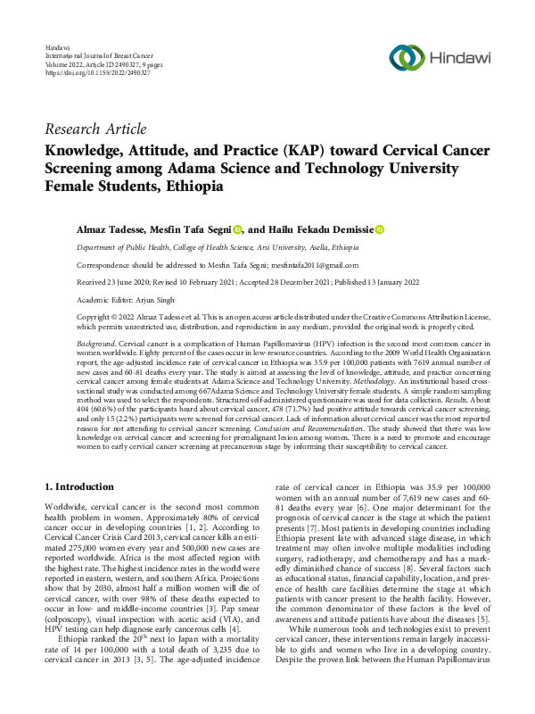 (PDF) Knowledge, Attitude, and Practice (KAP) toward Cervical Cancer Screening among Adama ...