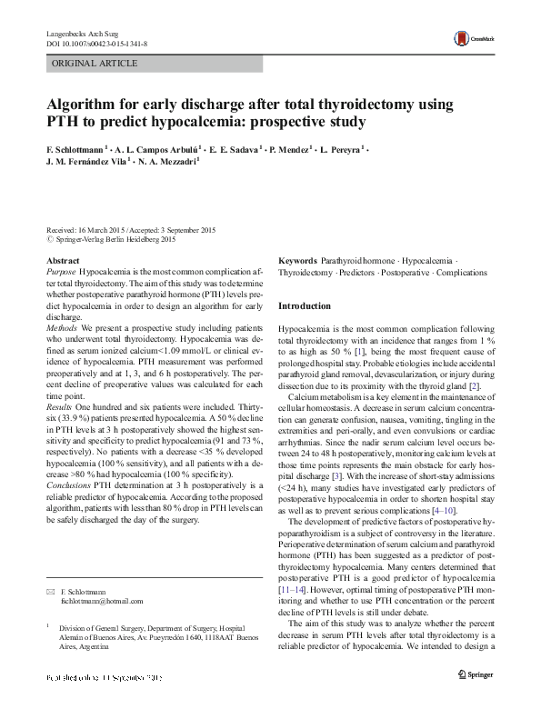 (PDF) Algorithm for early discharge after total thyroidectomy using PTH to predict hypocalcemia ...