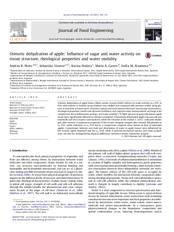 (PDF) Osmotic dehydration of apple: Influence of sugar and water activity on tissue structure ...
