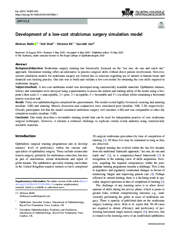 (PDF) Development of a low-cost strabismus surgery simulation model