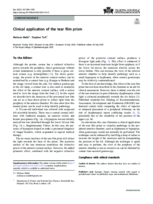 (PDF) Clinical application of the tear film prism
