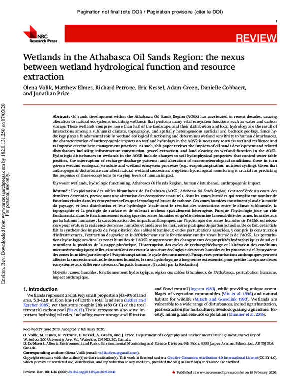 (PDF) Wetlands in the Athabasca Oil Sands Region: the nexus between wetland hydrological ...