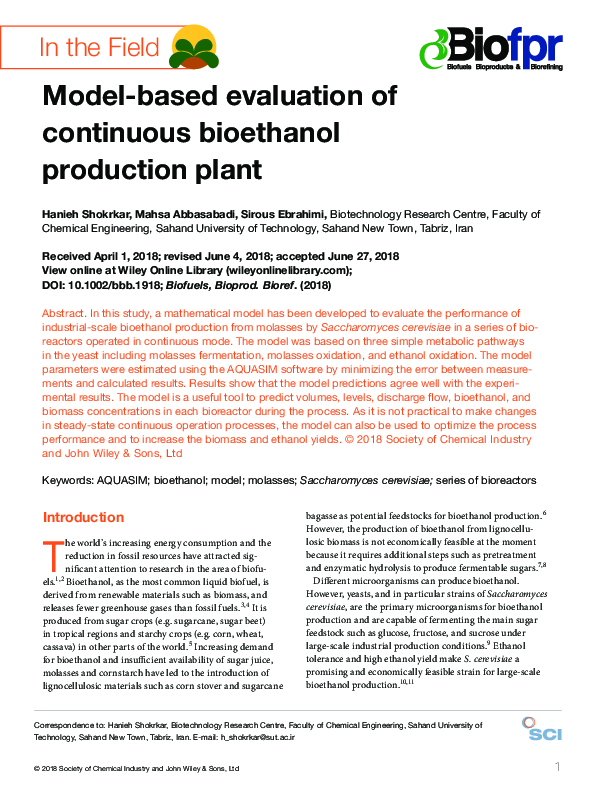 (PDF) Model-based evaluation of continuous bioethanol production plant