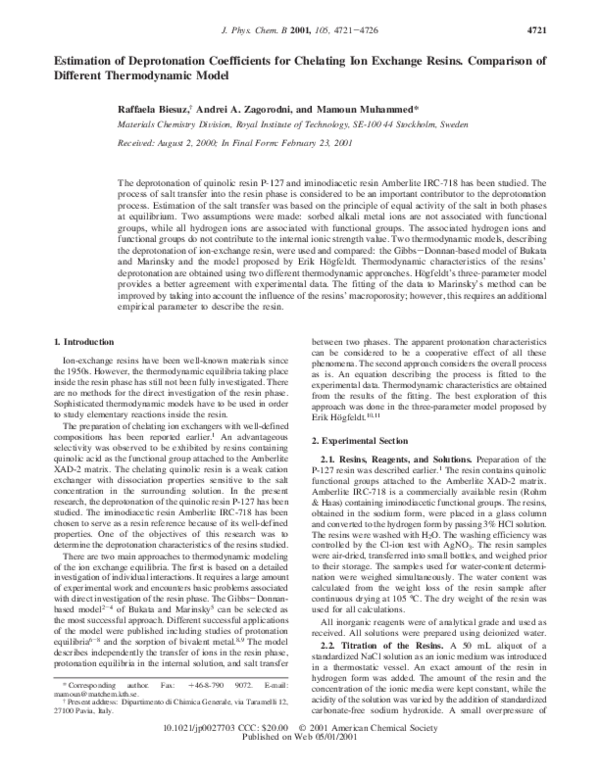 (PDF) Estimation of Deprotonation Coefficients for Chelating Ion Exchange Resins. Comparison of ...