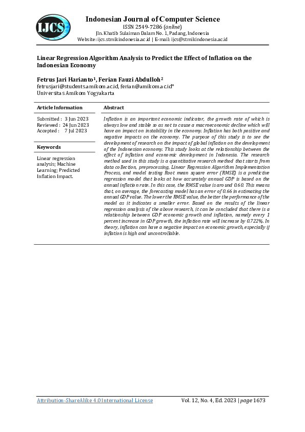 (PDF) Linear Regression Algorithm Analysis to Predict the Effect of Inflation on the Indonesian ...