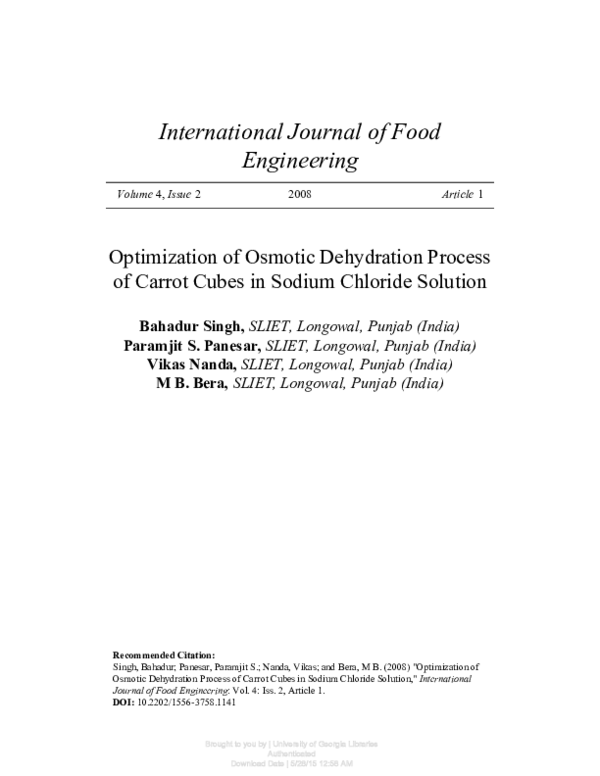 Pdf Optimization Of Osmotic Dehydration Process Of Carrot Cubes In