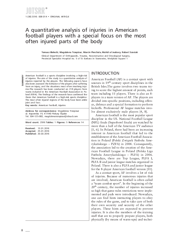 (PDF) A quantitative analysis of injuries in American football players ...