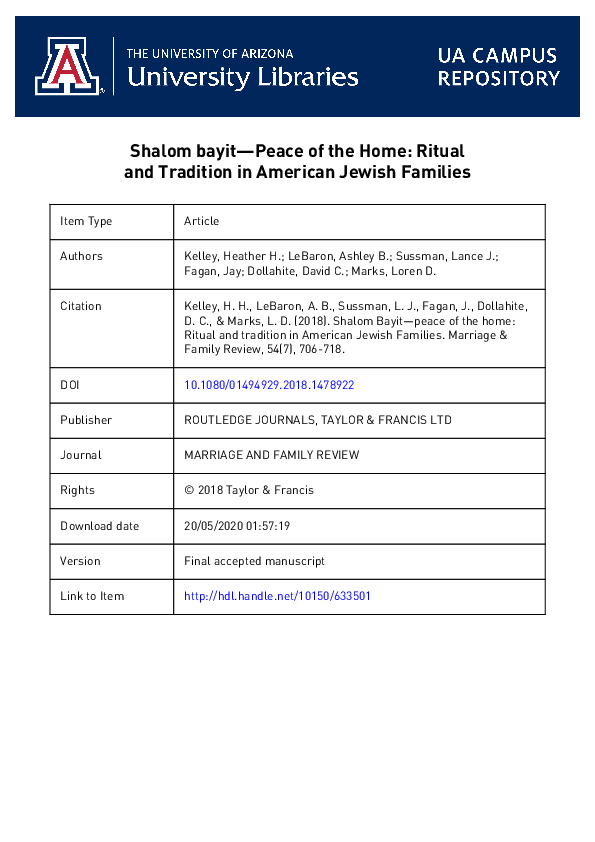 (PDF) Shalom bayit—Peace of the Home: Ritual and Tradition in American ...