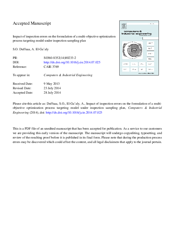 Pdf Impact Of Inspection Errors On The Formulation Of A Multi Objective Optimization Process