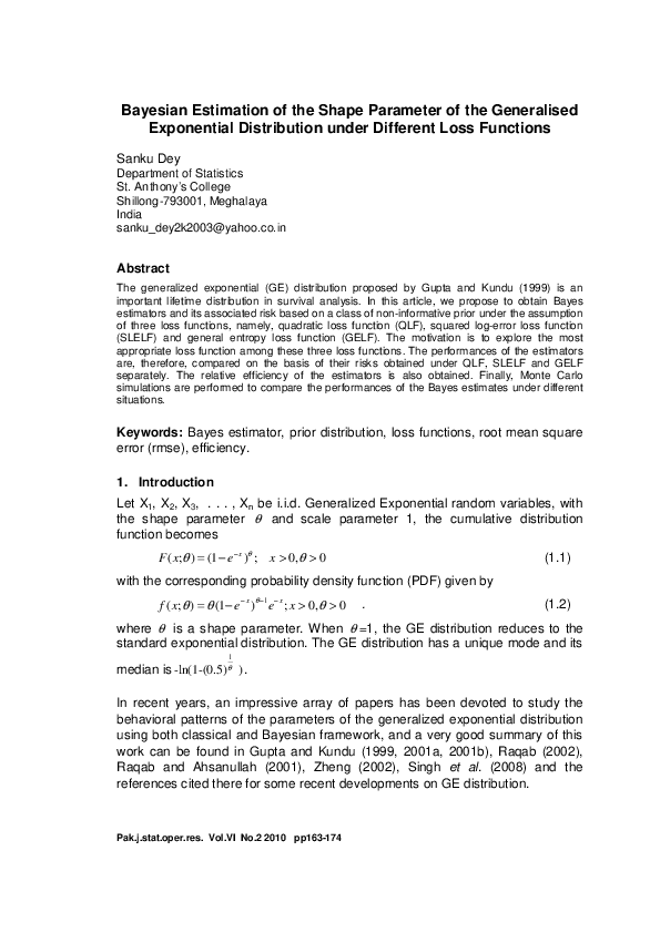 Pdf Bayesian Estimation Of The Shape Parameter Of The Generalised