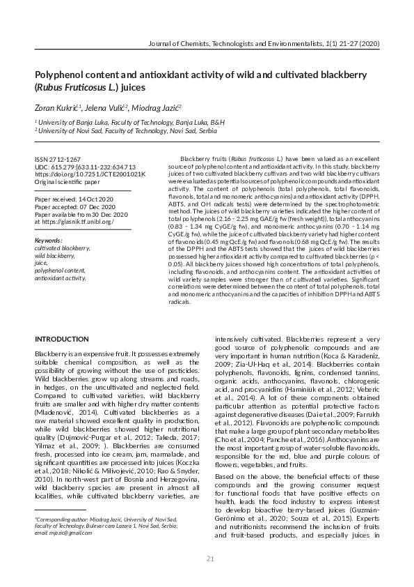(PDF) Polyphenol content and antioxidant activity of wild and cultivated blackberry (Rubus ...