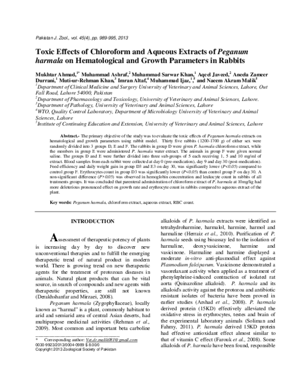 (PDF) Toxic effects of chloroform and aqueous extracts of Peganum ...