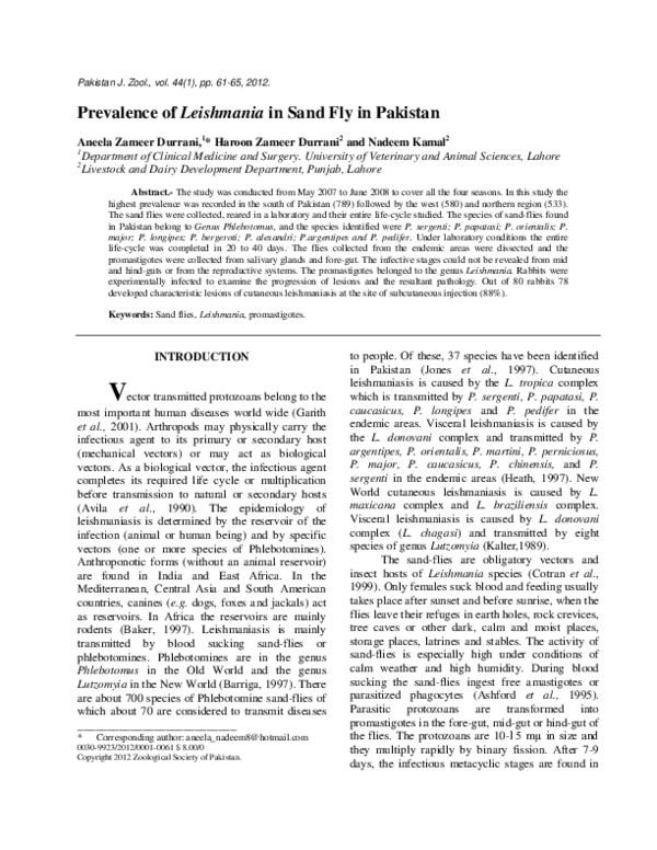 (PDF) Prevalence of Leishmania in Sand Fly in Pakistan