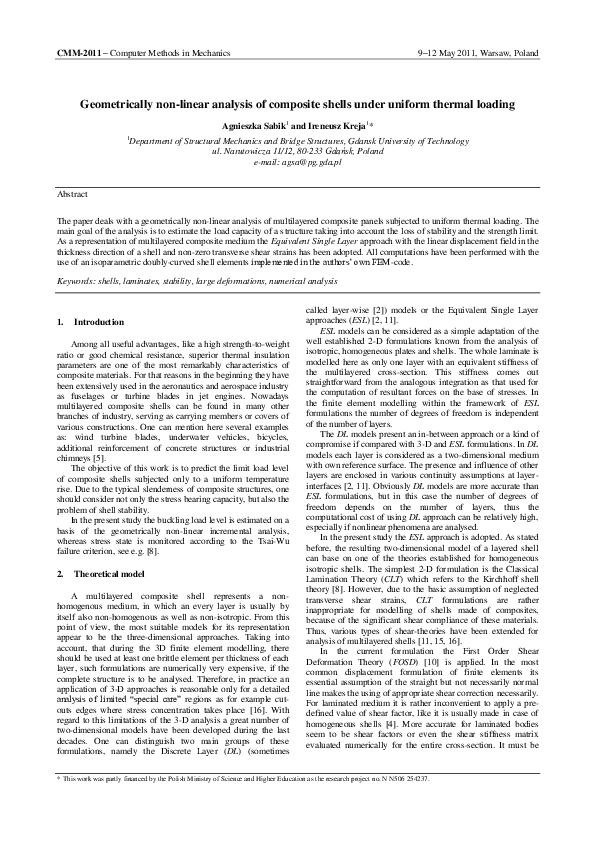 Pdf Geometrically Non Linear Analysis Of Composite Shells Under Uniform Thermal Loading