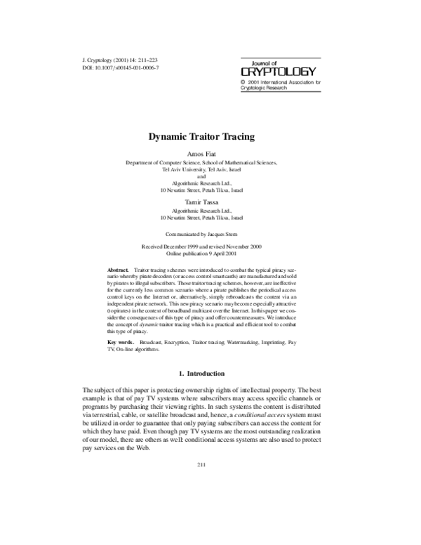 (PDF) Dynamic Traitor Tracing