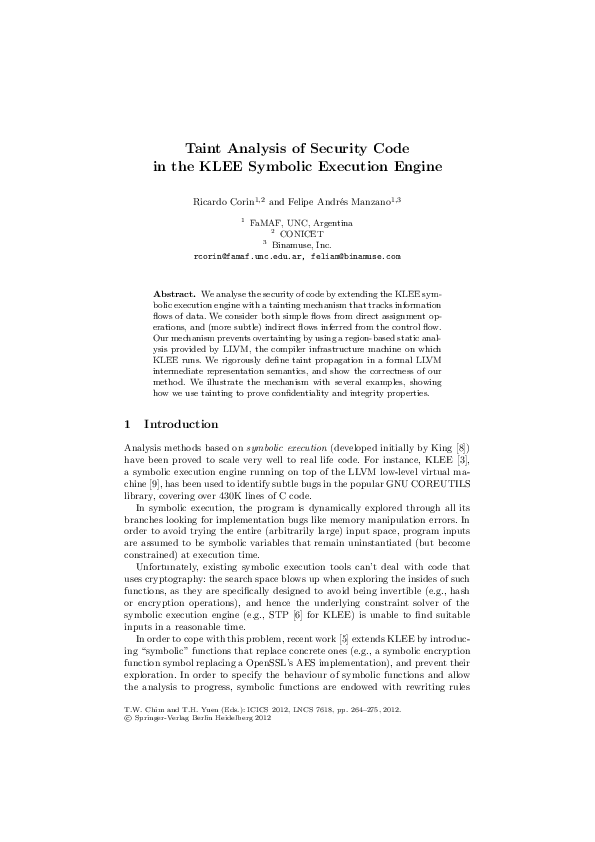 (PDF) Taint Analysis of Security Code in the KLEE Symbolic Execution Engine