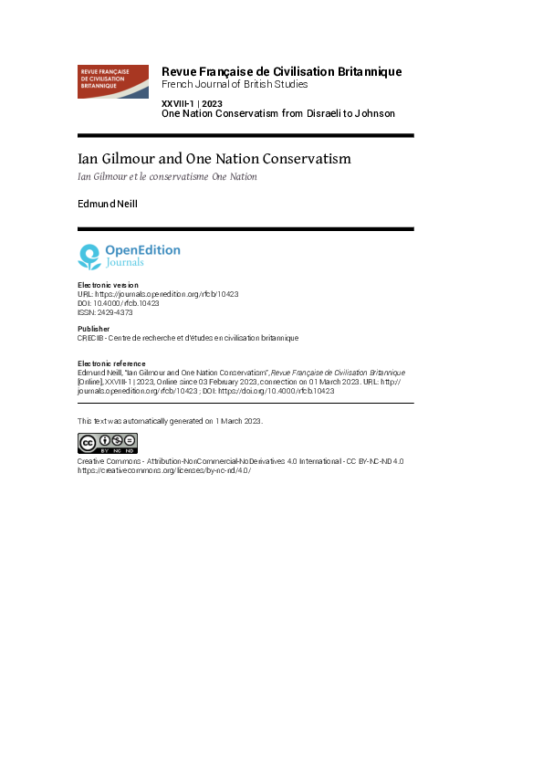 (PDF) Ian Gilmour and One Nation Conservatism | Edmund Neill - Academia.edu