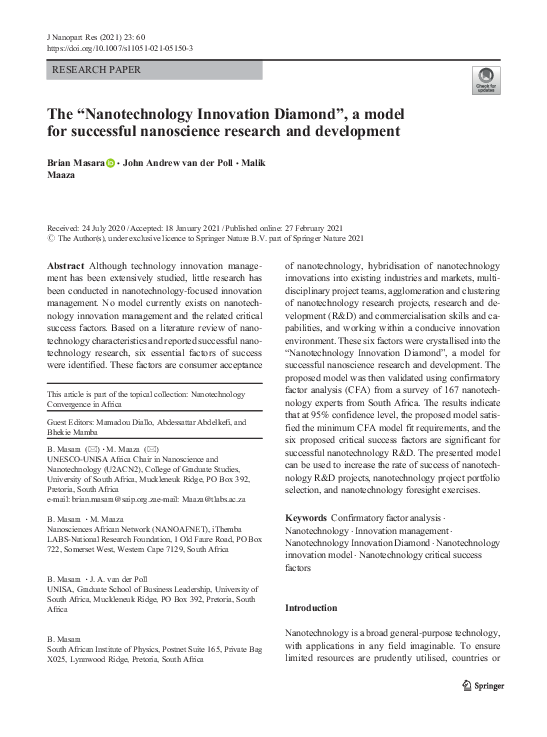 (PDF) The “Nanotechnology Innovation Diamond”, a model for successful ...
