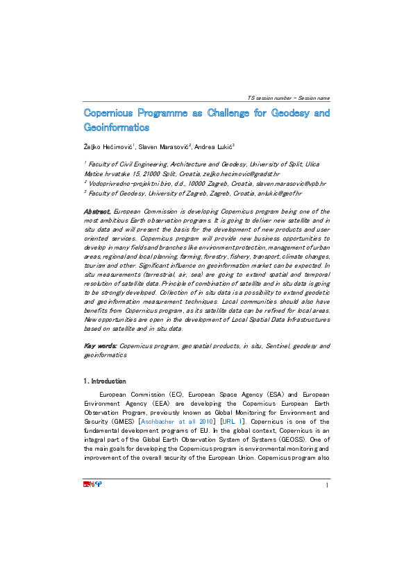 (PDF) Copernicus Programme as Challenge for Geodesy and Geoinformatics