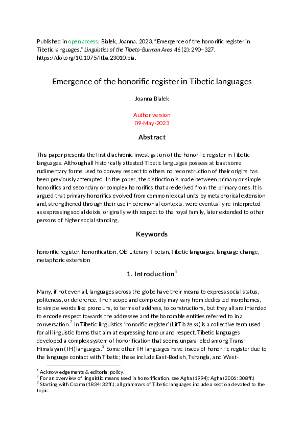 (PDF) Emergence of the honorific register in Tibetic languages