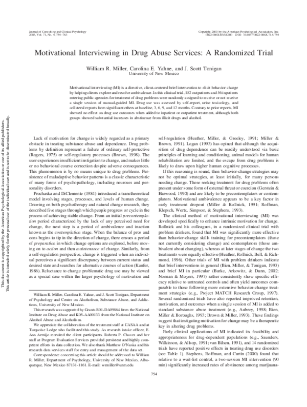 (PDF) Motivational interviewing in drug abuse services: A randomized trial