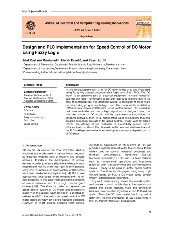 Pdf Design And Plc Implementation For Speed Control Of Dc Motor Using Fuzzy Logic