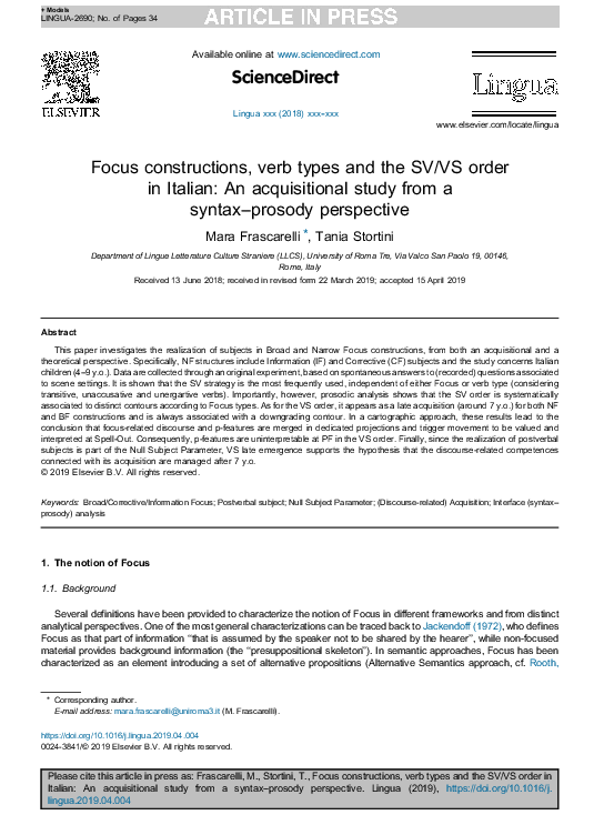 (PDF) Focus constructions, verb types and the SV/VS order in Italian ...