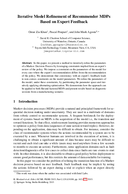 (PDF) Iterative Model Refinement of Recommender MDPs Based on Expert ...