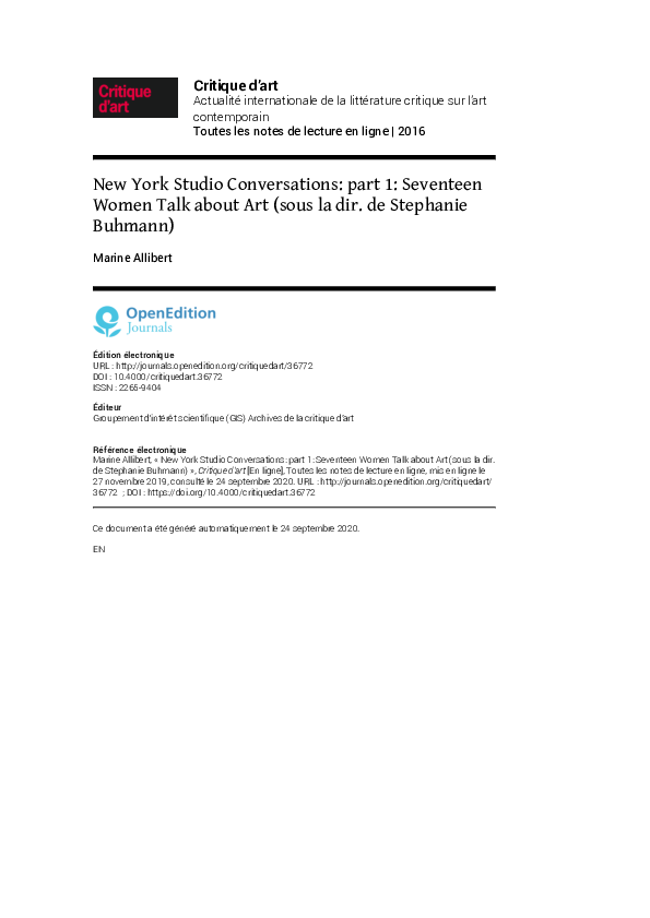 (PDF) New York Studio Conversations: part 1: Seventeen Women Talk about ...