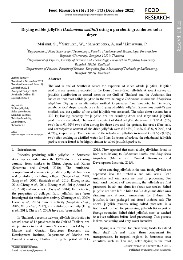 (PDF) Drying edible jellyfish (Lobonema smithii) using a parabolic ...