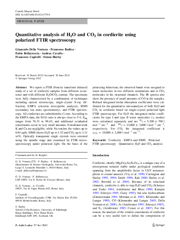 (PDF) Quantitative analysis of H2O and CO2 in cordierite using polarized FTIR spectroscopy
